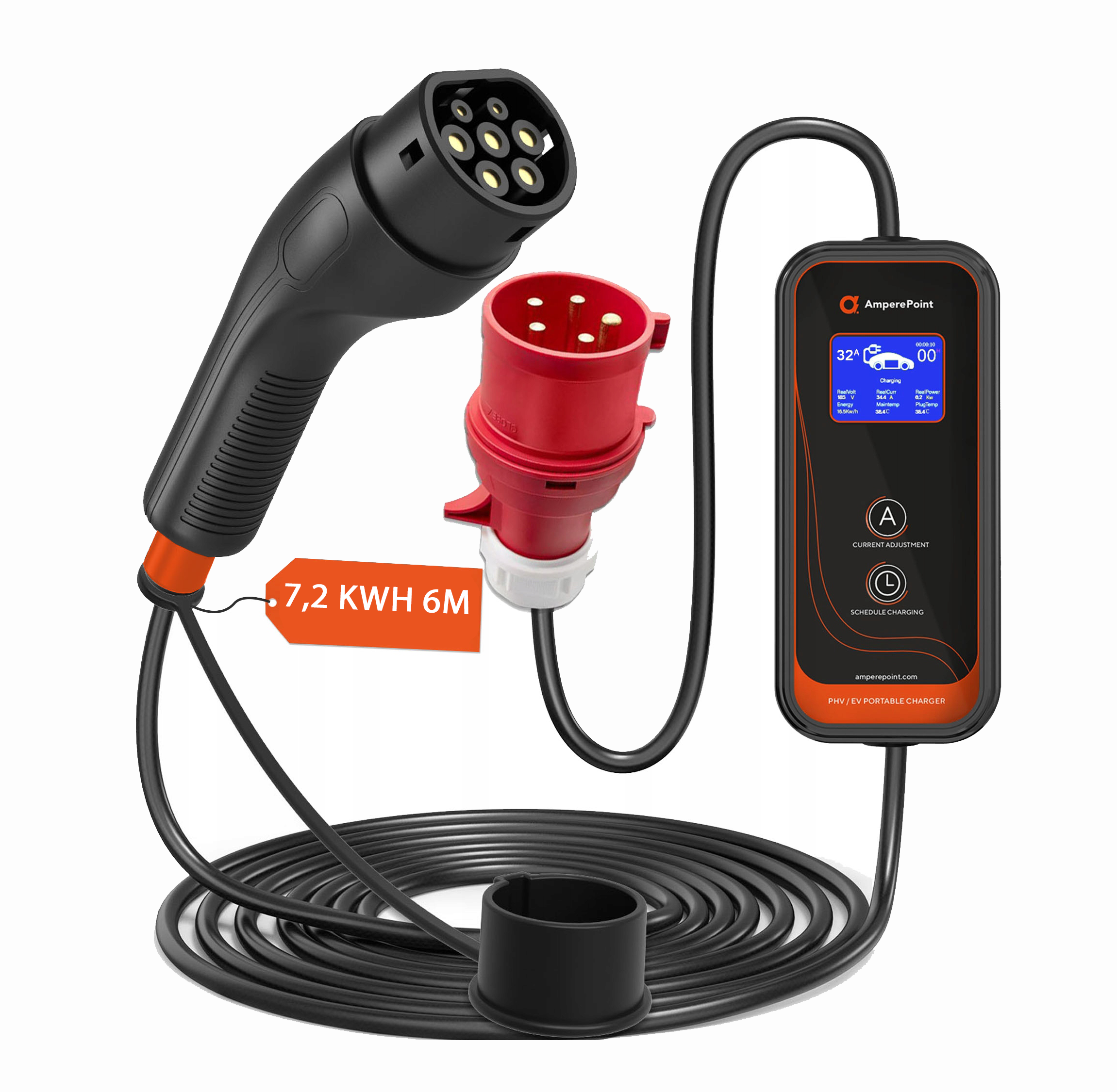 Przenośna ładowarka P72 - 32 A, 7,2 kW, 6M Type 2 CEE 32A Red – AMPERE ...